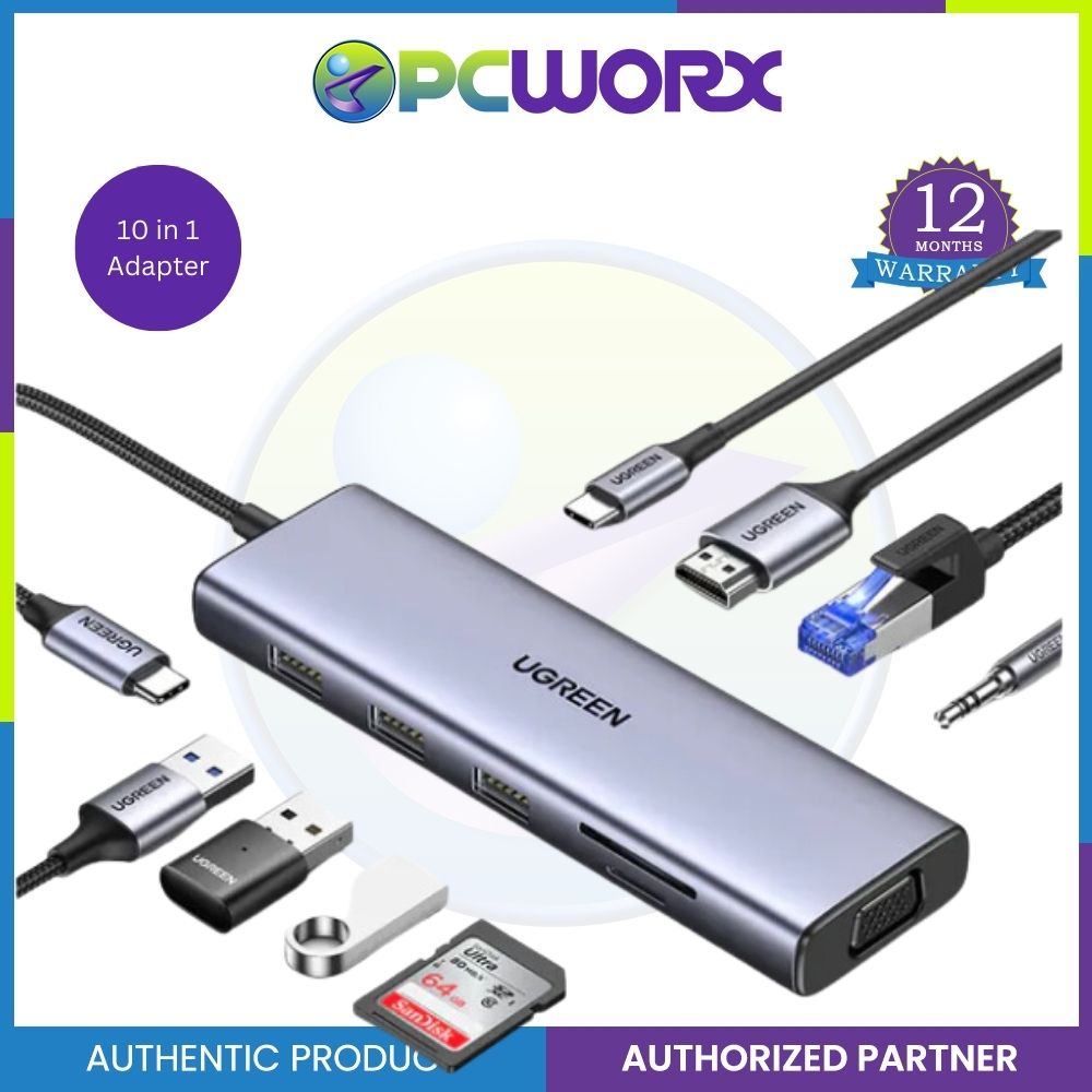 Ugreen CM498 15601 10in1 USB-C To 3USB 3.0 A+HDMI+VGA+RJ45 Gigabit+SD/ – PCWORX